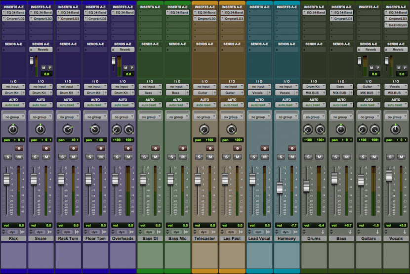 Setting up drum bus, guitar bus & vocal bus channels using auxiliary tracks