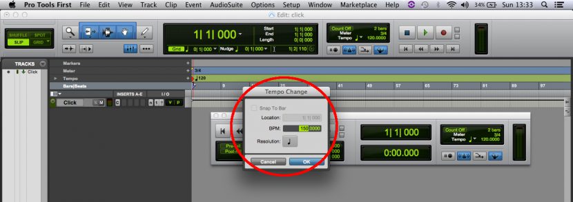 How to control the meter and tempo of the click track in Pro Tools First
