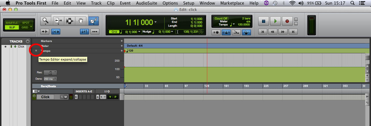 How to control the meter and tempo of the click track in Pro Tools First