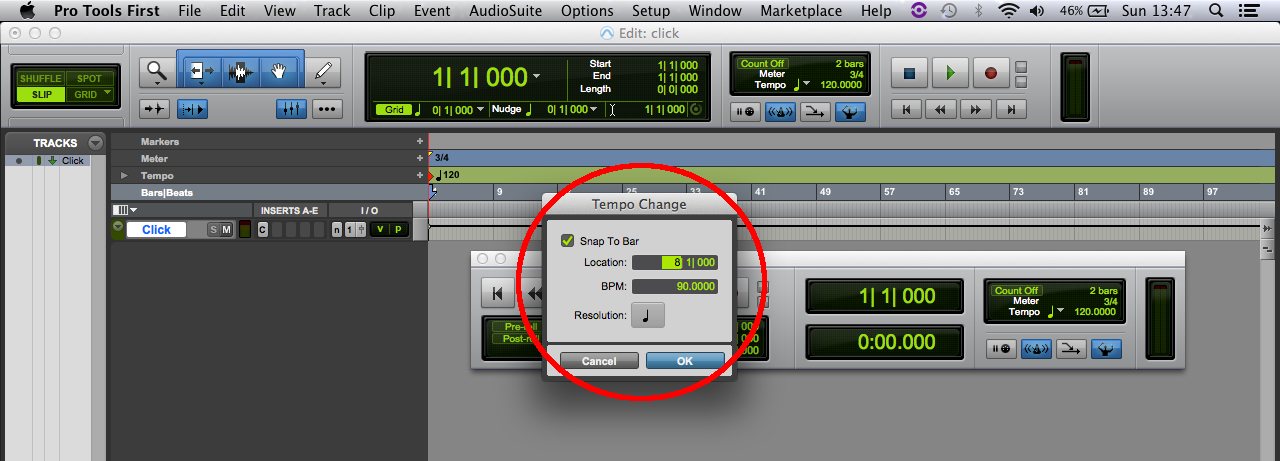 How to control the meter and tempo of the click track in Pro Tools First